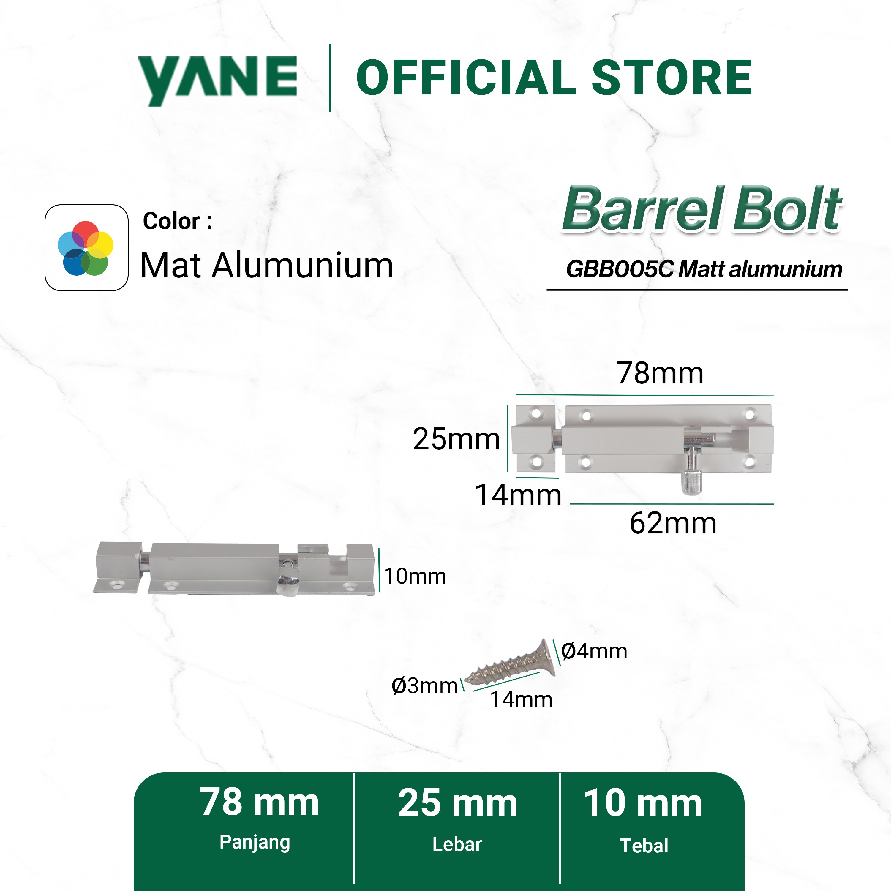 Barrel Bolt GBB005C 1" x 2 1/2" Yane Matt Alumunium