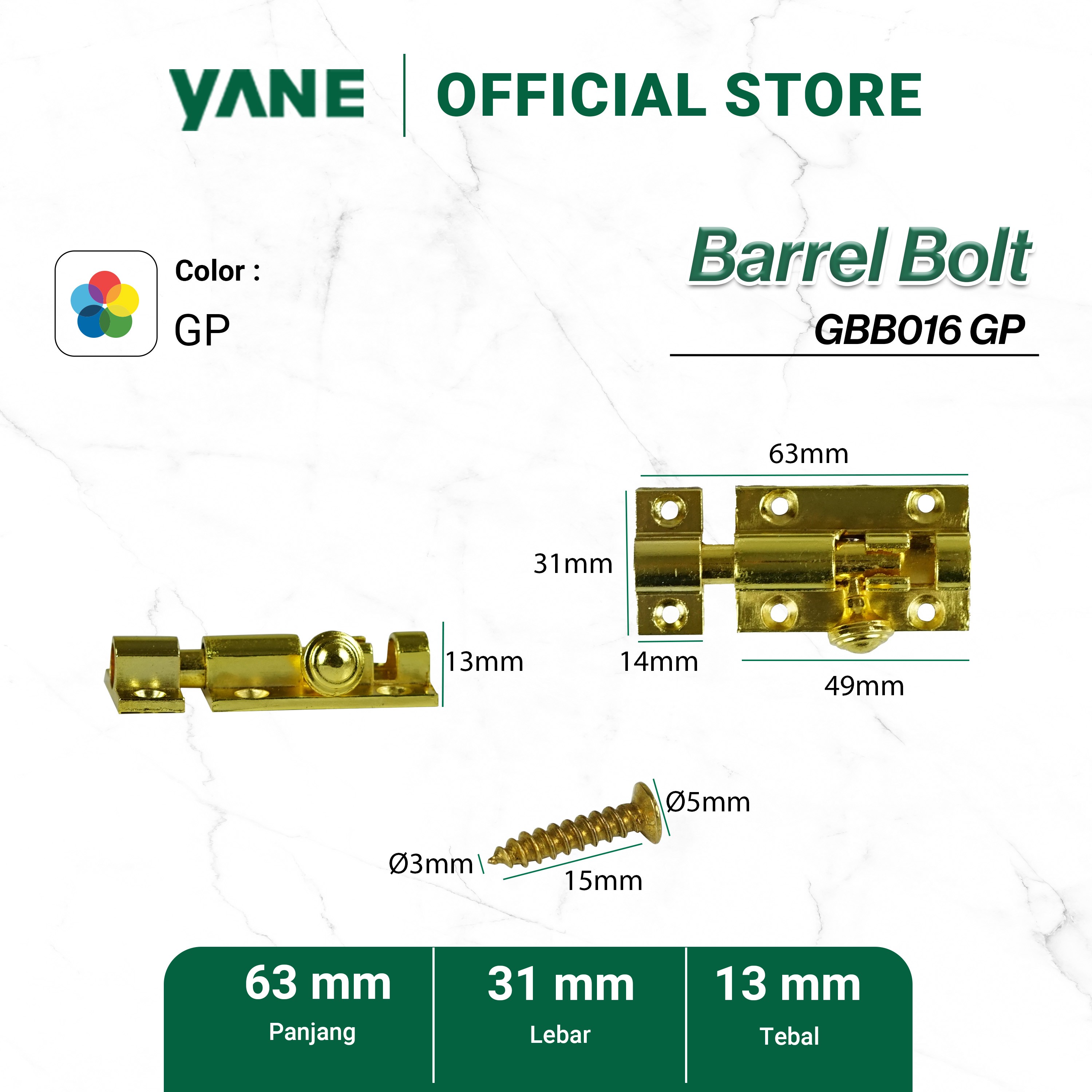 Barrel Bolt GBB016 1 1/4"x2" Yane GP Zinc Alloy