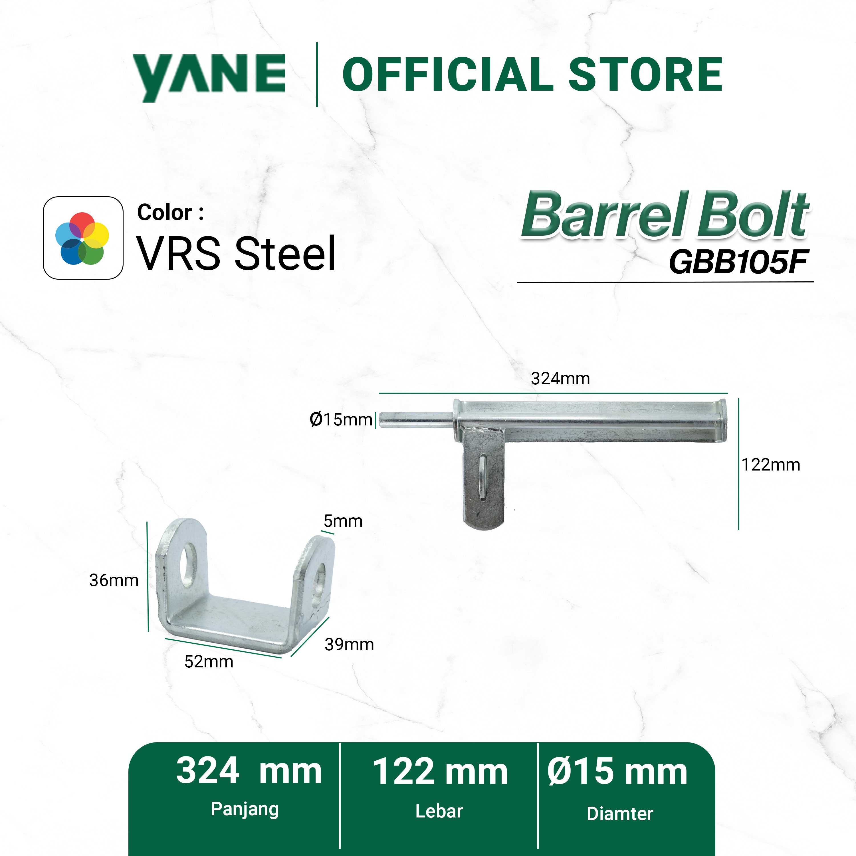 Barrel Bolt with OPL GBB105F 12" (320mm) Yane VRS Steel