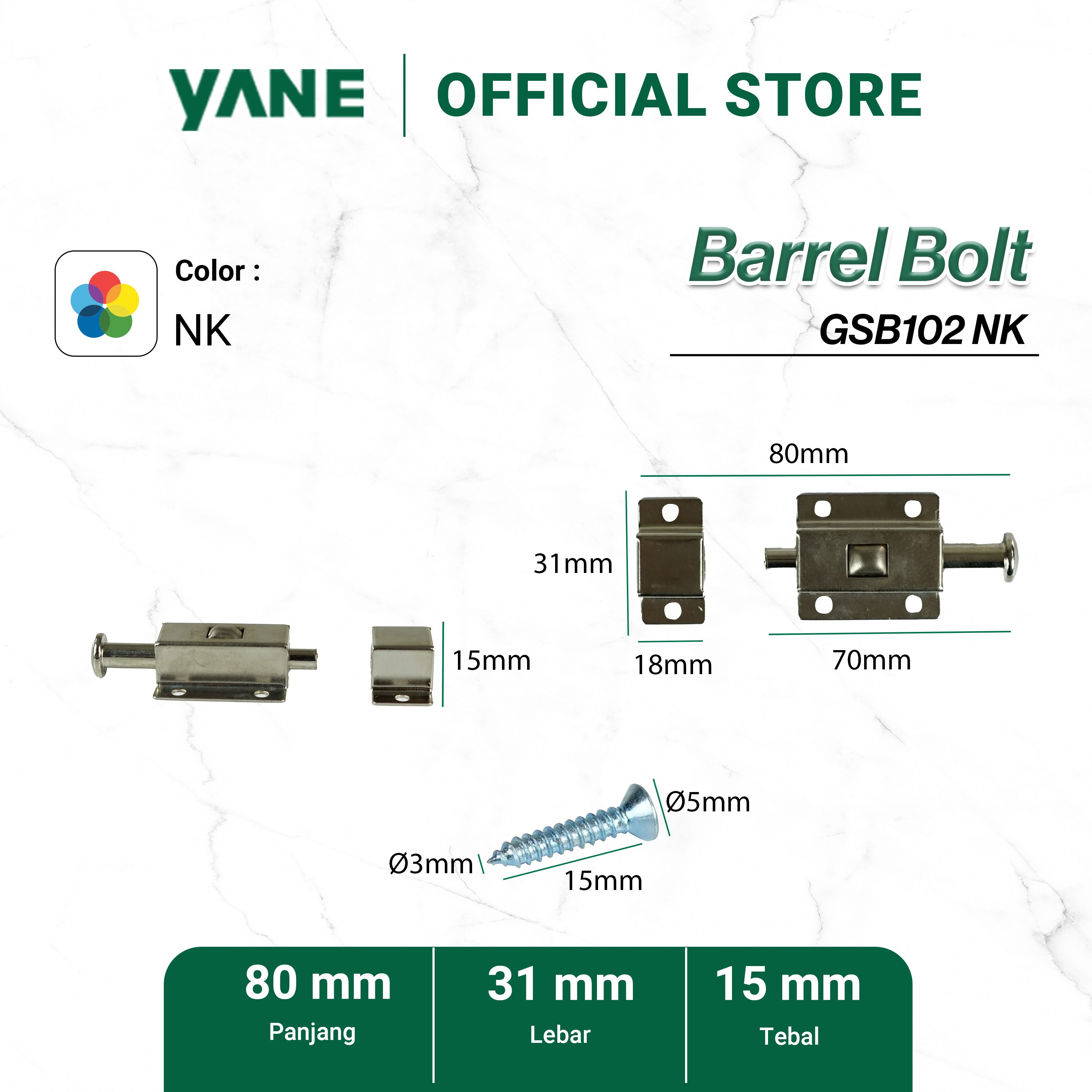 Barrel Bolt Push to Open GSB102 Yane NK Steel