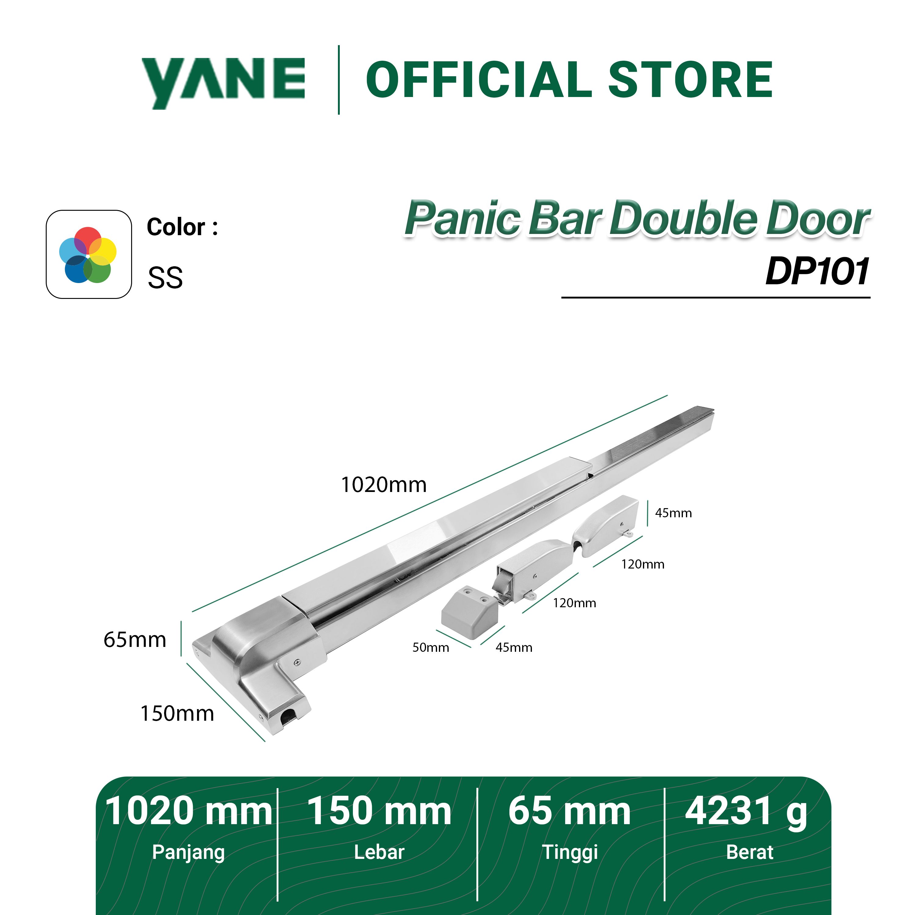Panic Bar PD101 Double Door 1M Yane SS Stainless Steel 304