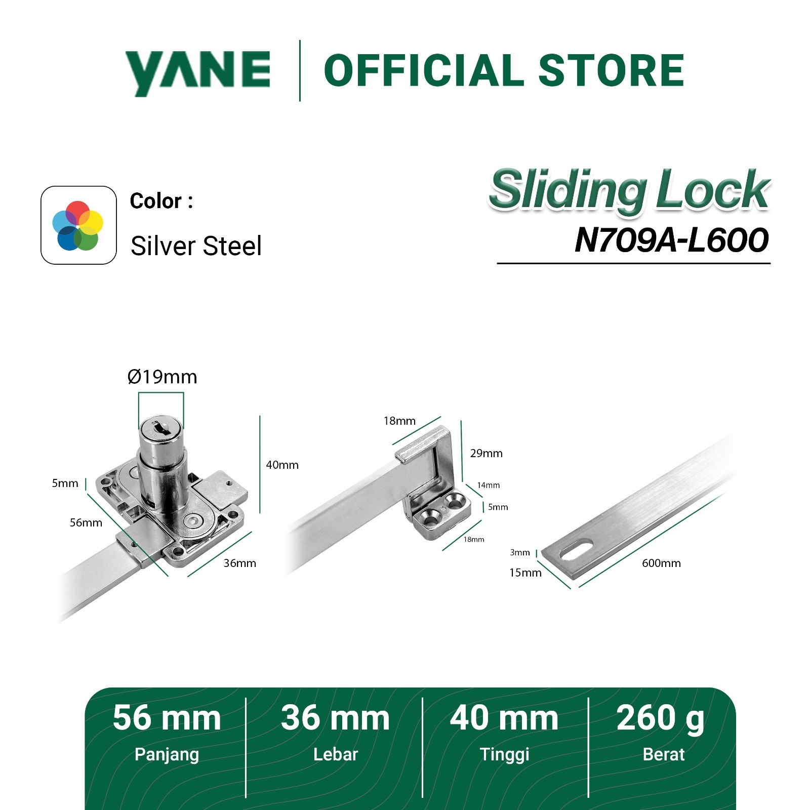 Sliding Lock N709A-L600 Tiang 600 x 2 bt 22 mm CH Iron